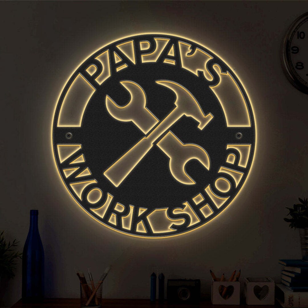Custom Metal Workshop Sign With Lights Dads Workshop Metal Art With LED ...
