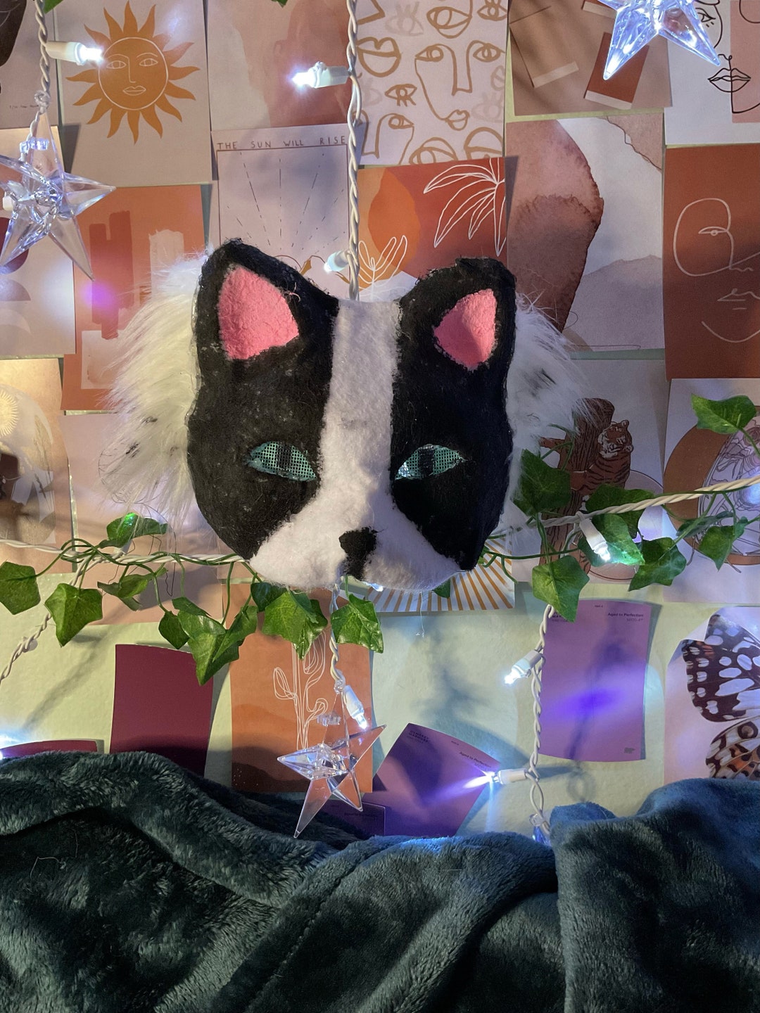 Therian Mask. Made With Love. Black and White Cat Mask W/ Fur and Mesh ...