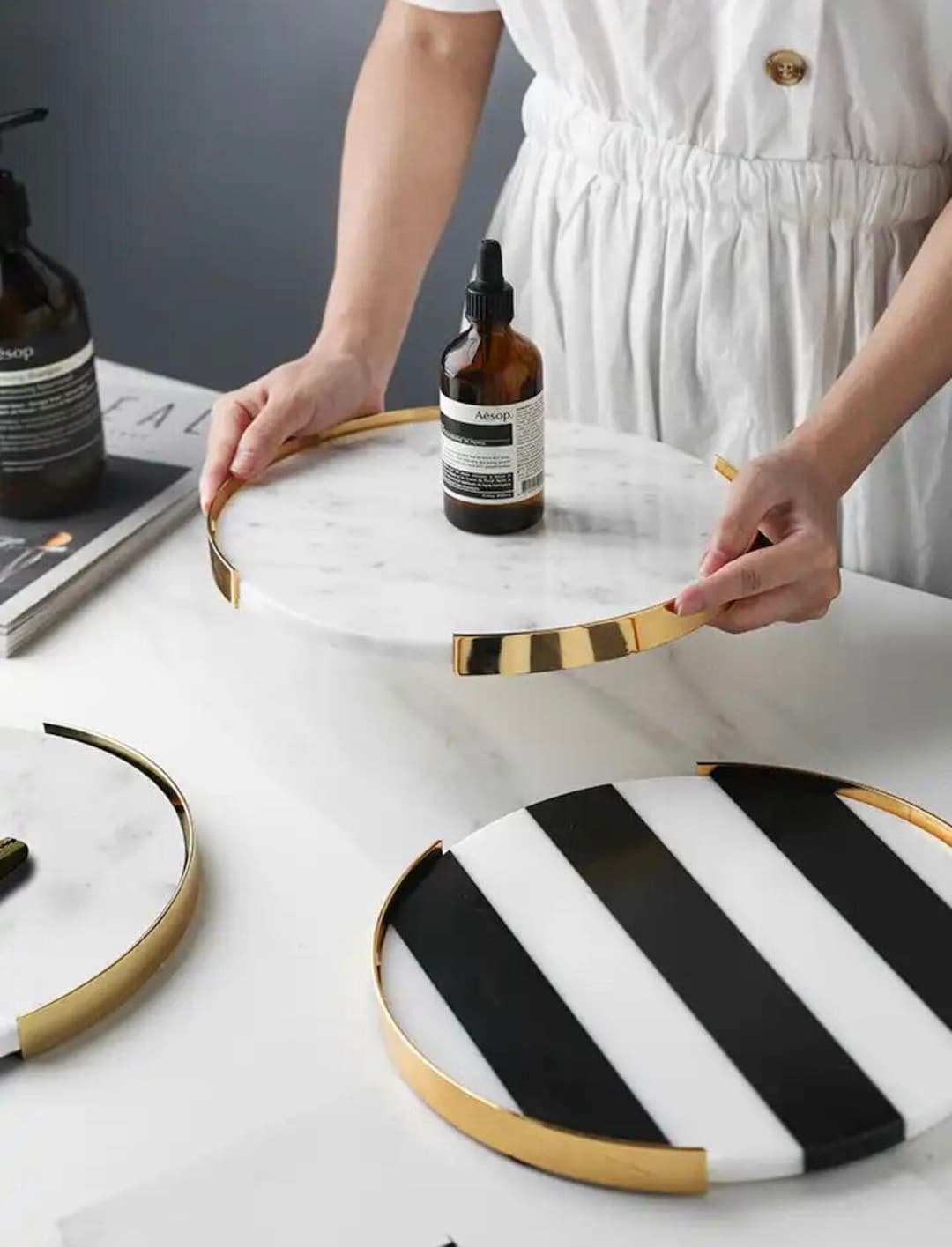 Natural Marble Stone Serving Tray for Hotel Luxury Round Jewellery ...