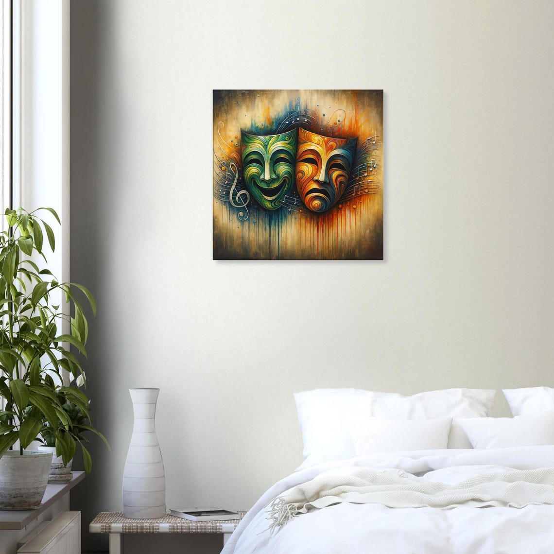Graffiti Theater Masks Art Canvas - Urban Drama Wall Decor (green and ...