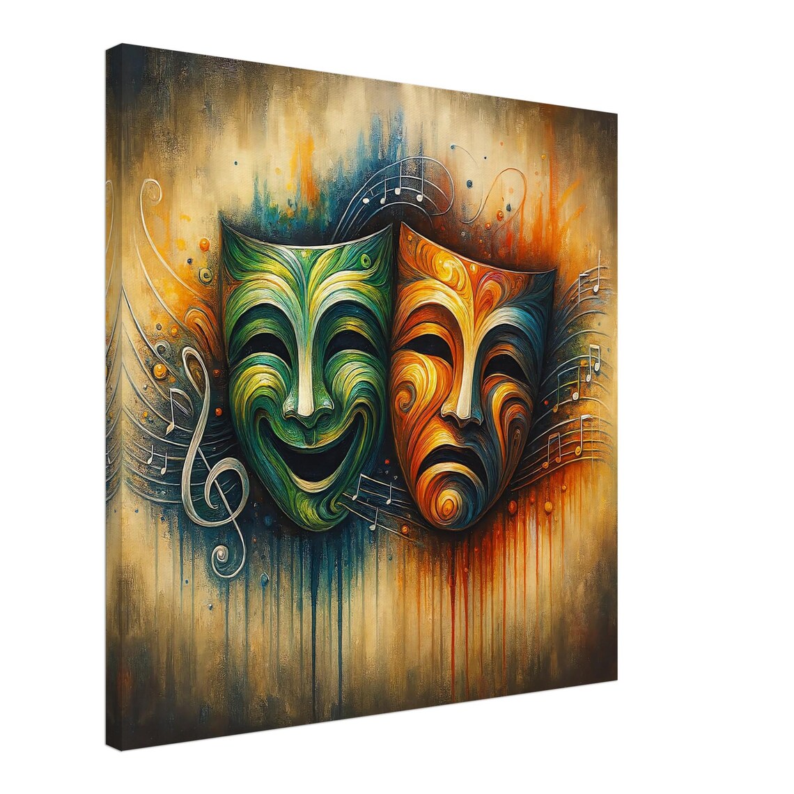 Graffiti Theater Masks Art Canvas - Urban Drama Wall Decor (green and ...