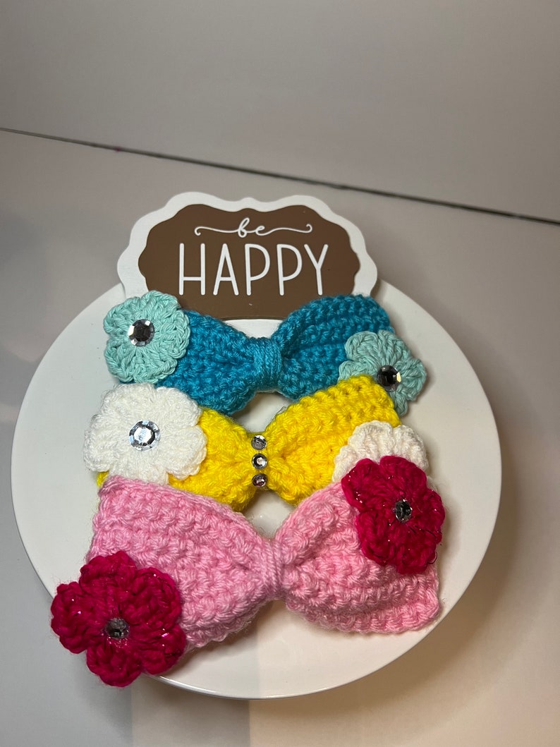 3 Cute Crochet Bows With Flowers and Gem Embellishment. Perfect for ...