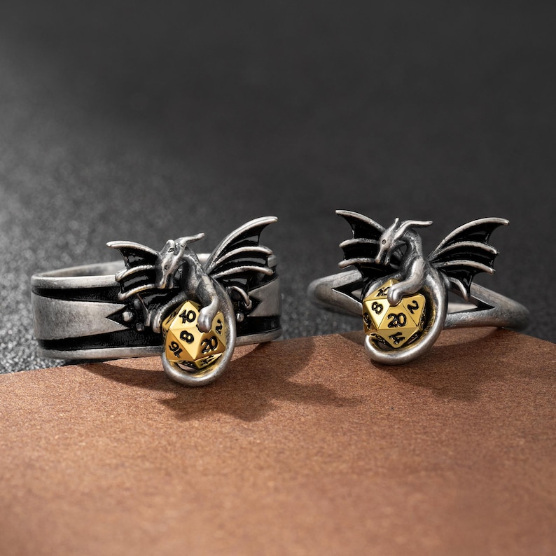 Small D20 Dice Dragon Promise Rings With Inner Engraving, Proposal Ring ...