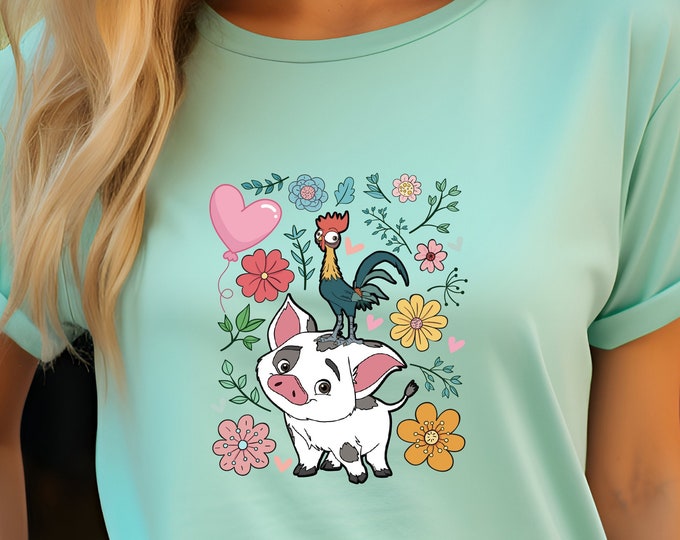 Disney Moana 70s Style Floral Pua and Hei Hei Shirt, Disney Moana Shirt ...