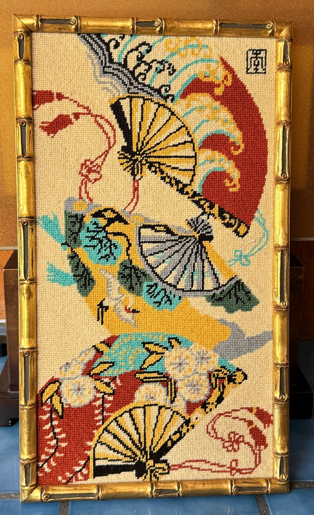 Vintage Framed Needlepoint Art - Completed - Asian Decor, Fan - Etsy