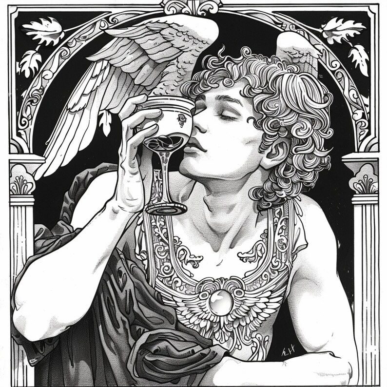 Angel SVG, Black and White Style, Angel Drinking Wine From a Wine Glass ...