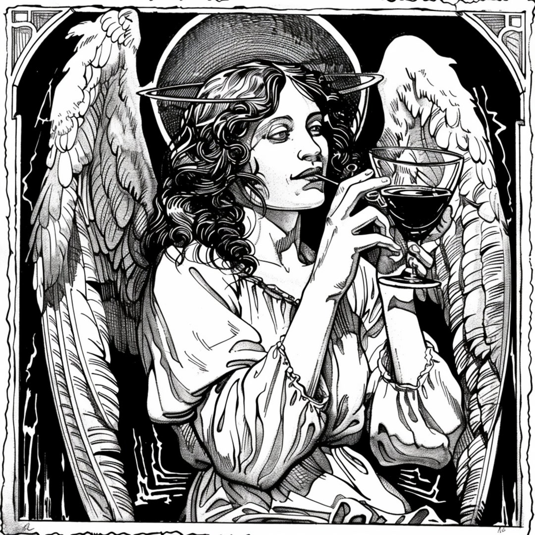 Angel SVG, Black and White Style, Angel Drinking Wine From a Wine Glass ...