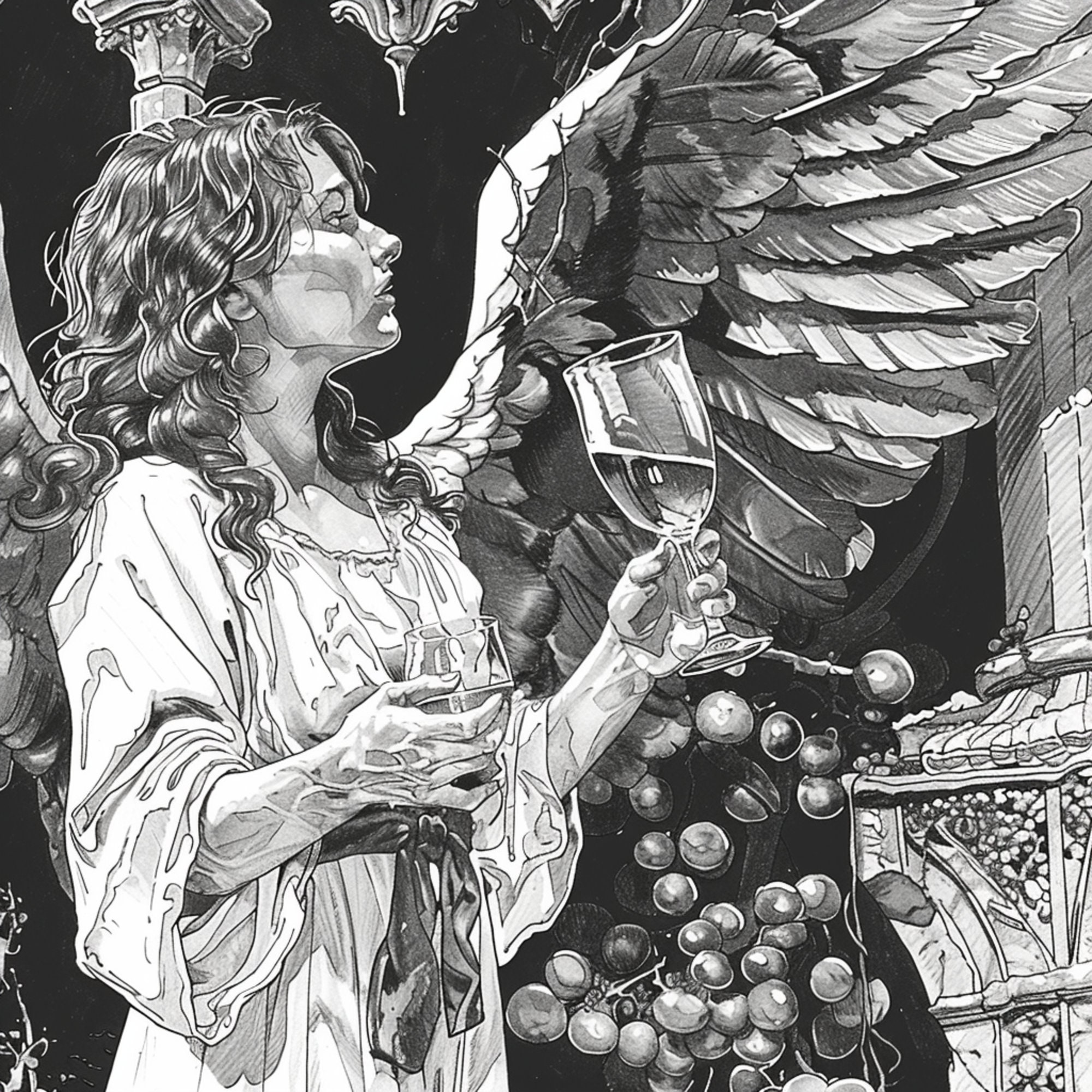 Angel SVG, Black and White Style, Angel Drinking Wine From a Wine Glass ...