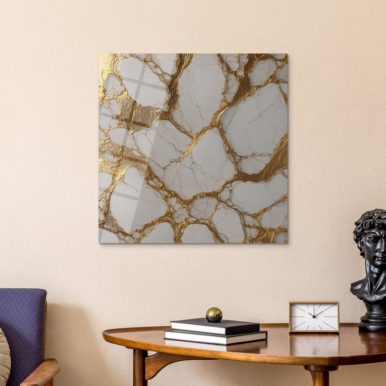 Elegant Gold and White Glass Art for Modern Homes, Chic White & Gold ...