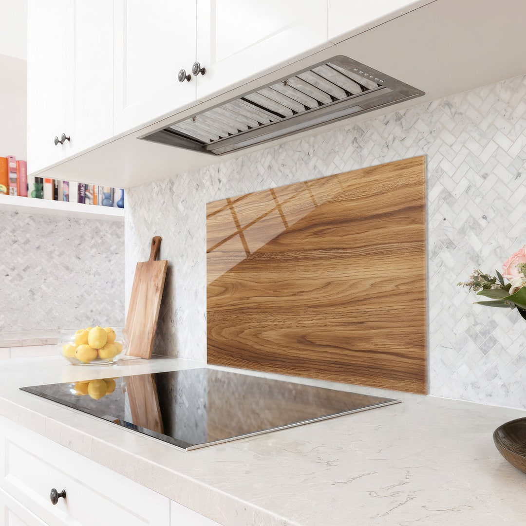 Wooden Ripples Tempered Glass Stove Backsplash Tile, Kitchen Backsplash ...
