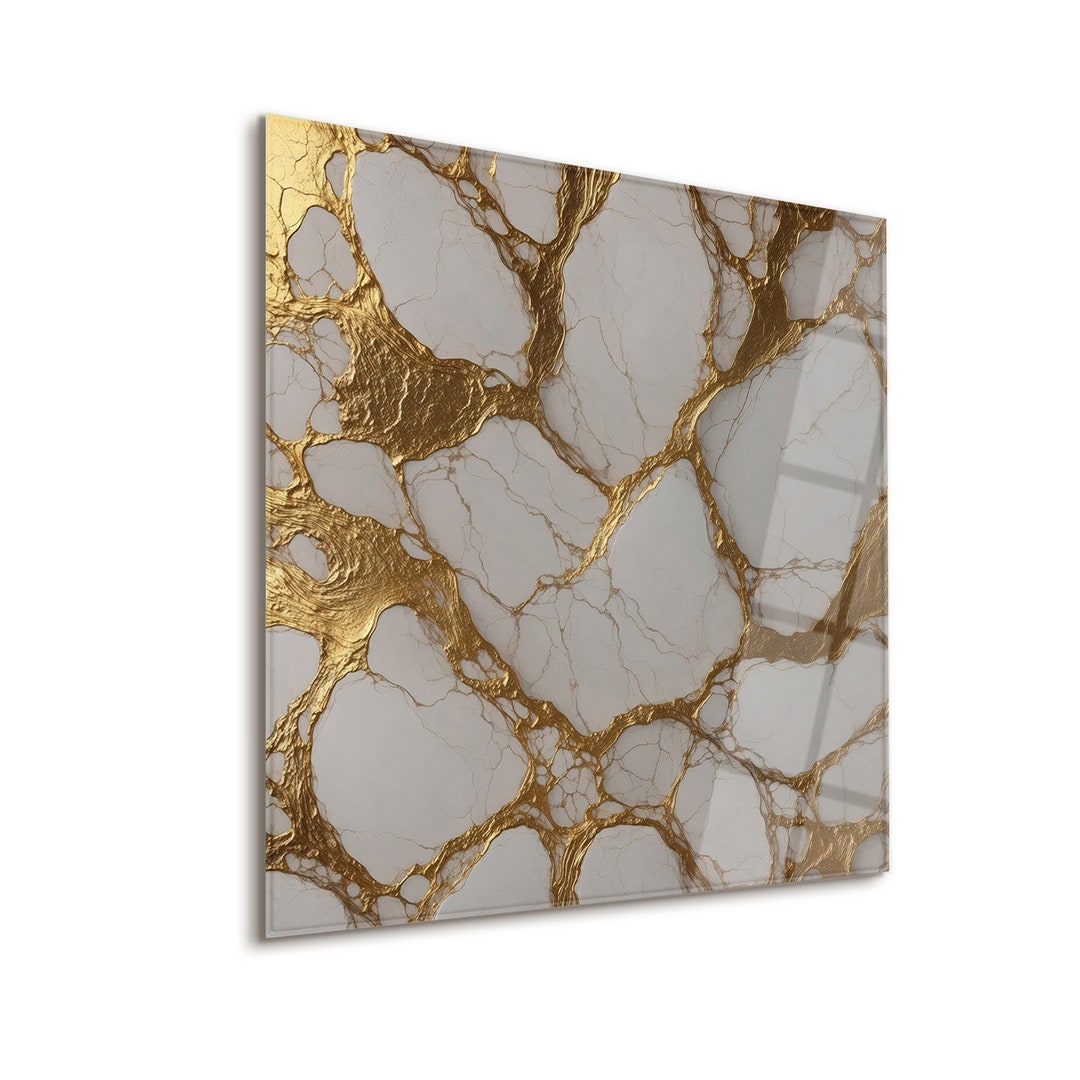 Elegant Gold and White Glass Art for Modern Homes, Chic White & Gold ...