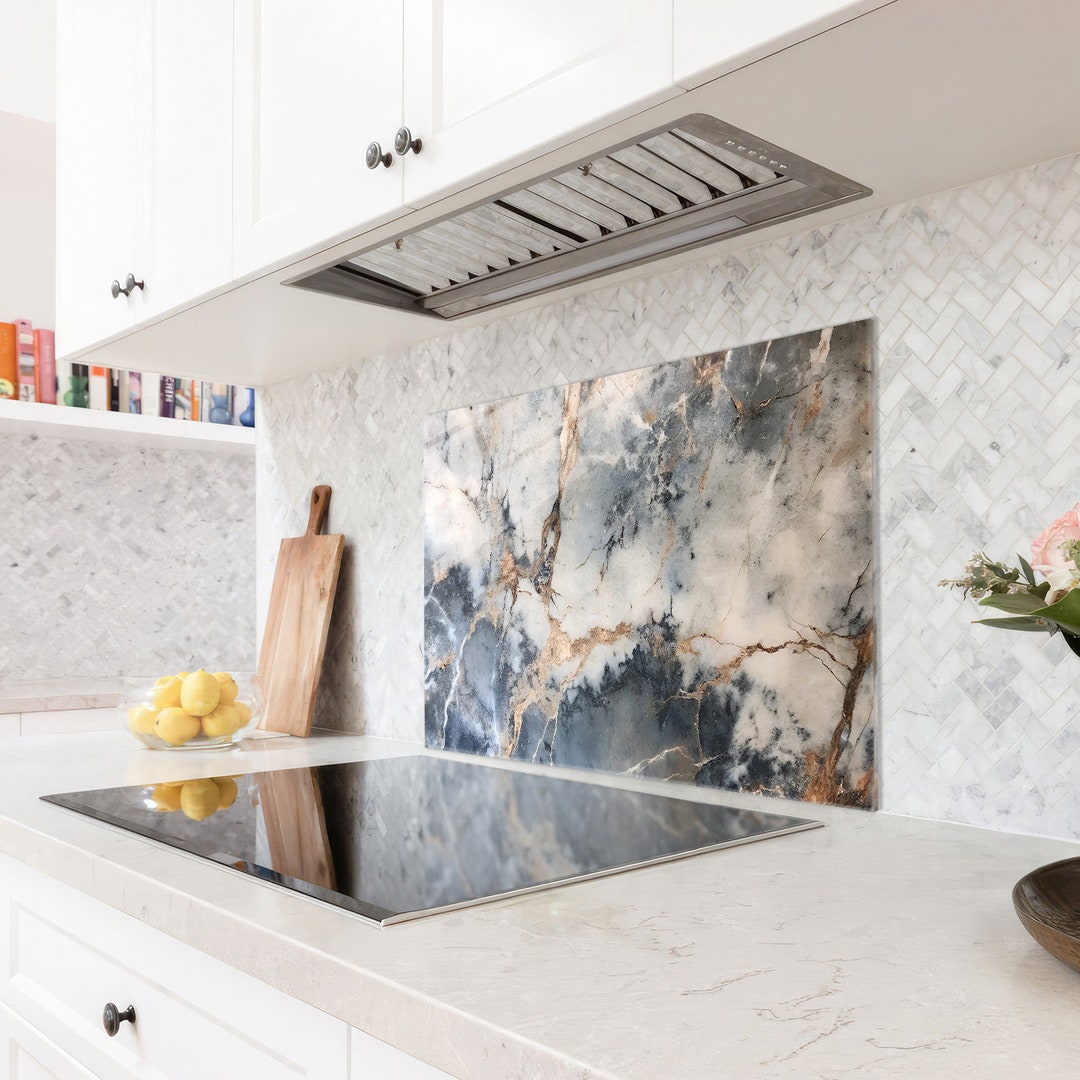 Stormy Elegance Tempered Glass Stove Backsplash, Kitchen Backsplash ...