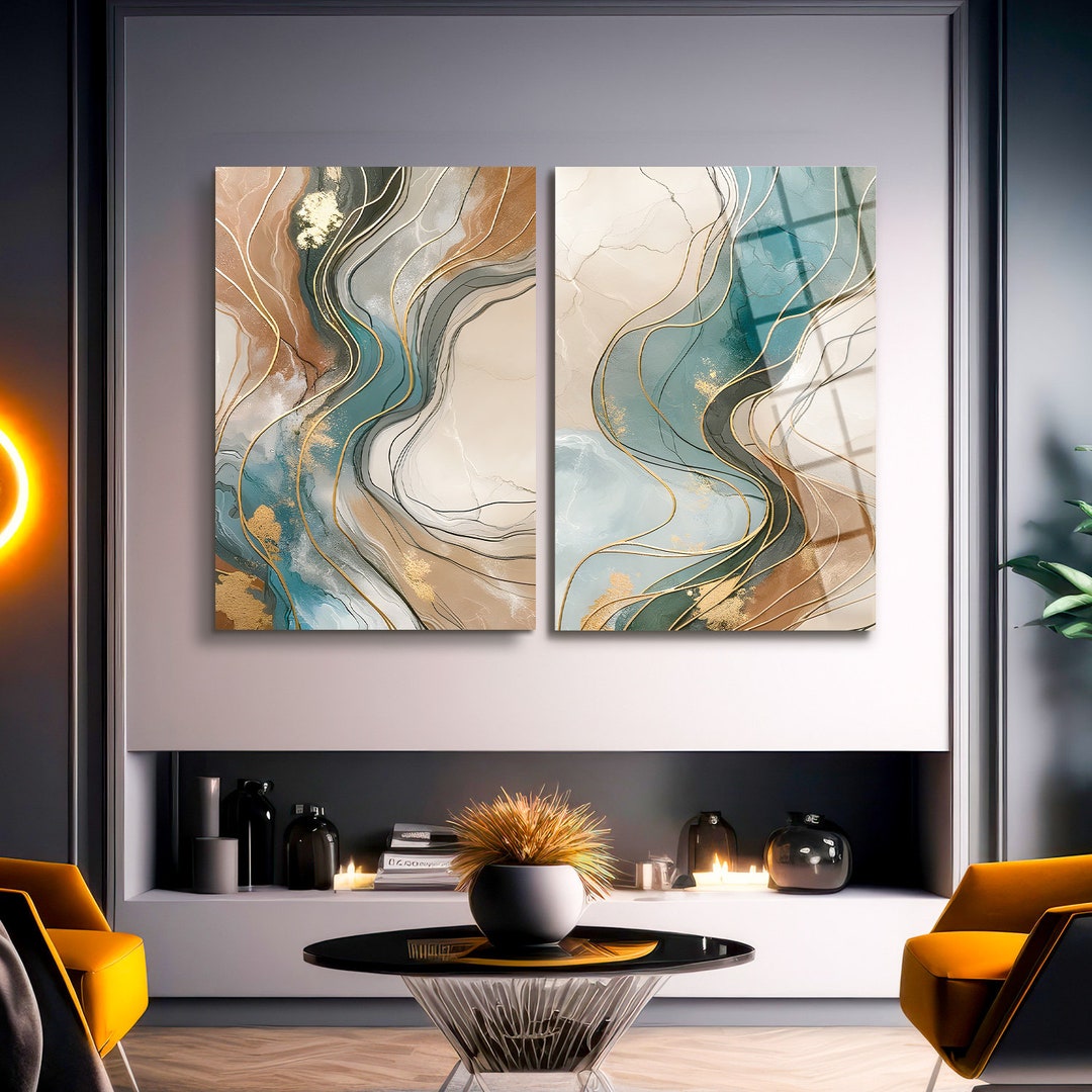 Large Modern Wall Decor Set of 2, Abstract Wall Art, Tempered Glass ...