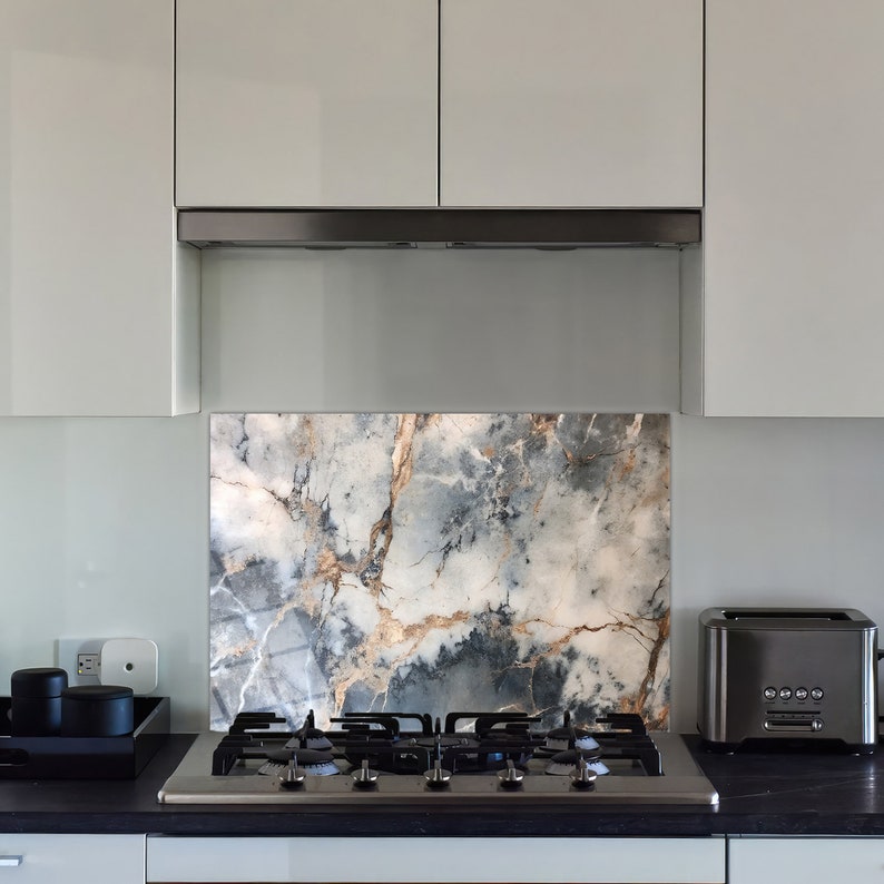 Stormy Elegance Tempered Glass Stove Backsplash, Kitchen Backsplash ...