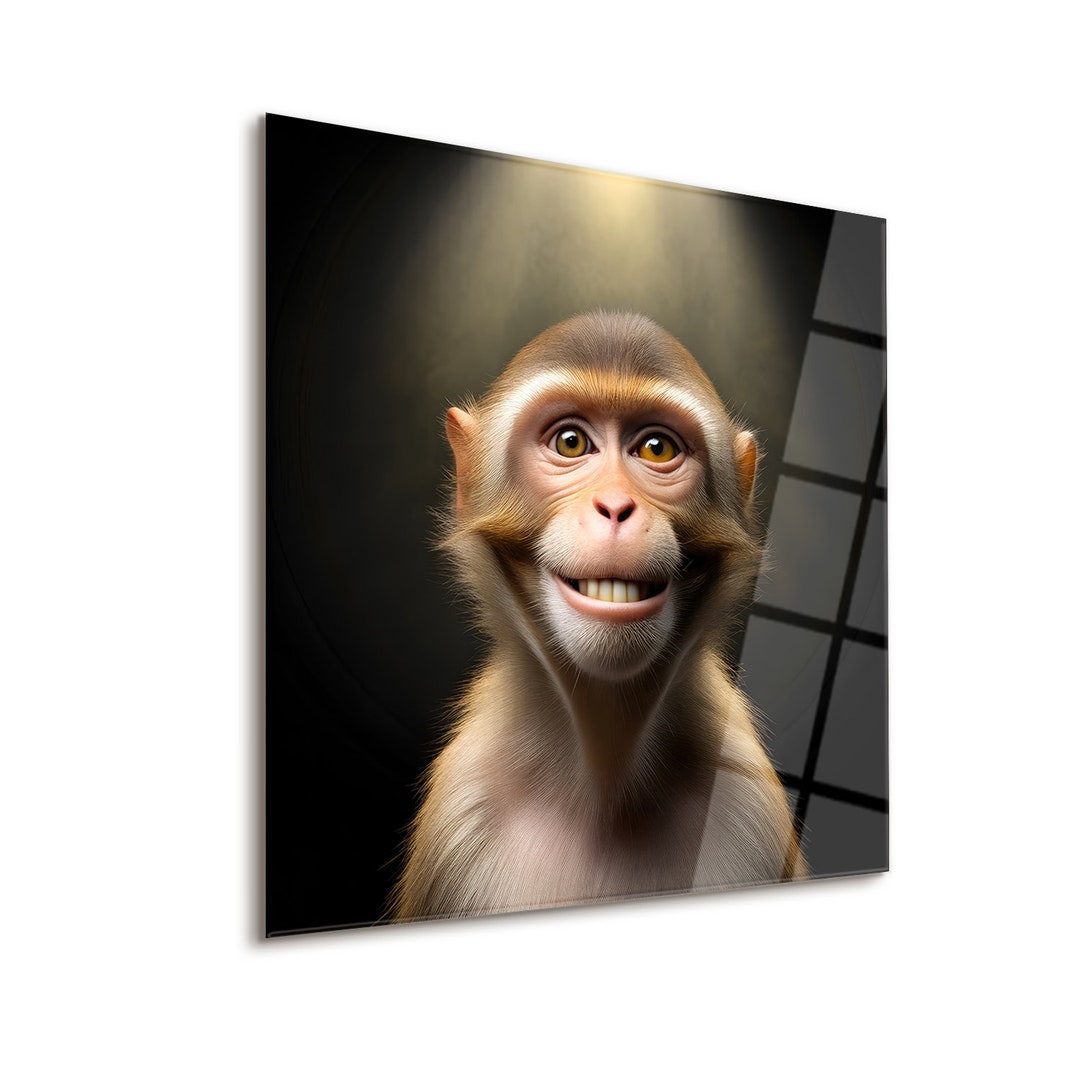 Cute Tempered Glass Wall Art, Smiling Monkey Wall Decor, Monkey Poster ...
