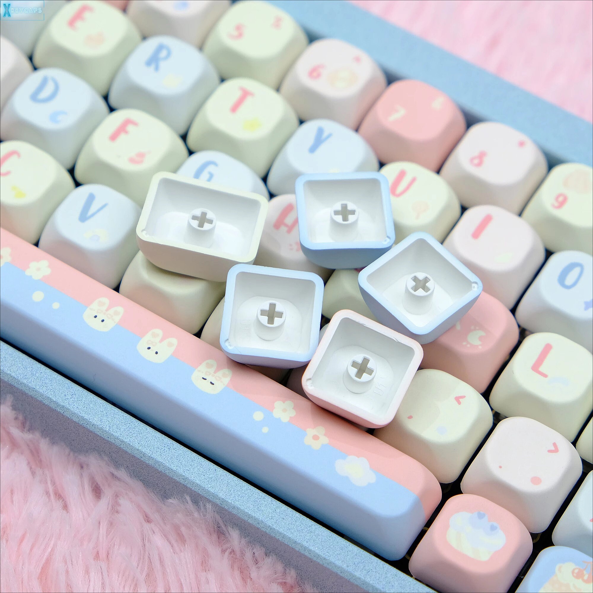 Cute Bunny Pink & Blue PBT Kawaii Keycap Set for Mechanical Keyboard ...