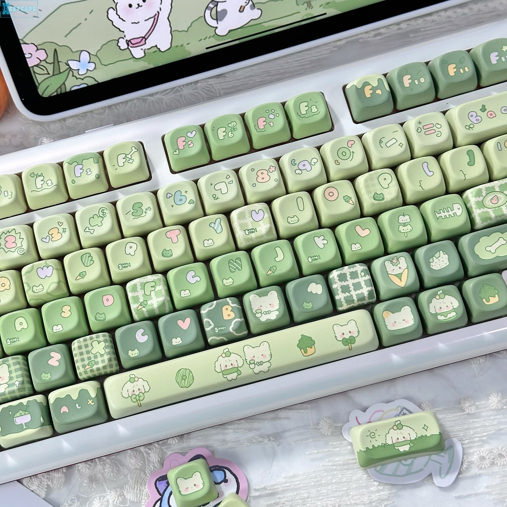 Cat & Dog Cute PBT ISO Matcha Green Keycap Set for Mechanical Keyboard ...
