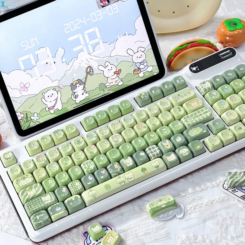 Cat & Dog Cute PBT ISO Matcha Green Keycap Set for Mechanical Keyboard ...
