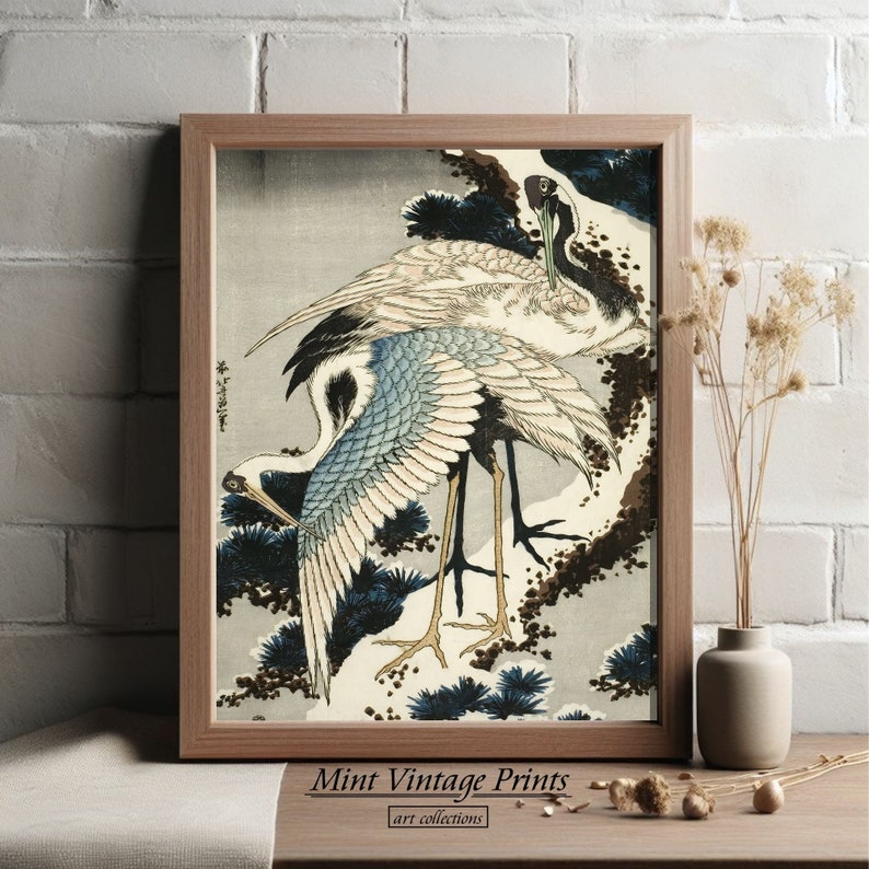 Antique Crane Pair Art Print | Traditional Japanese Crane Illustration ...