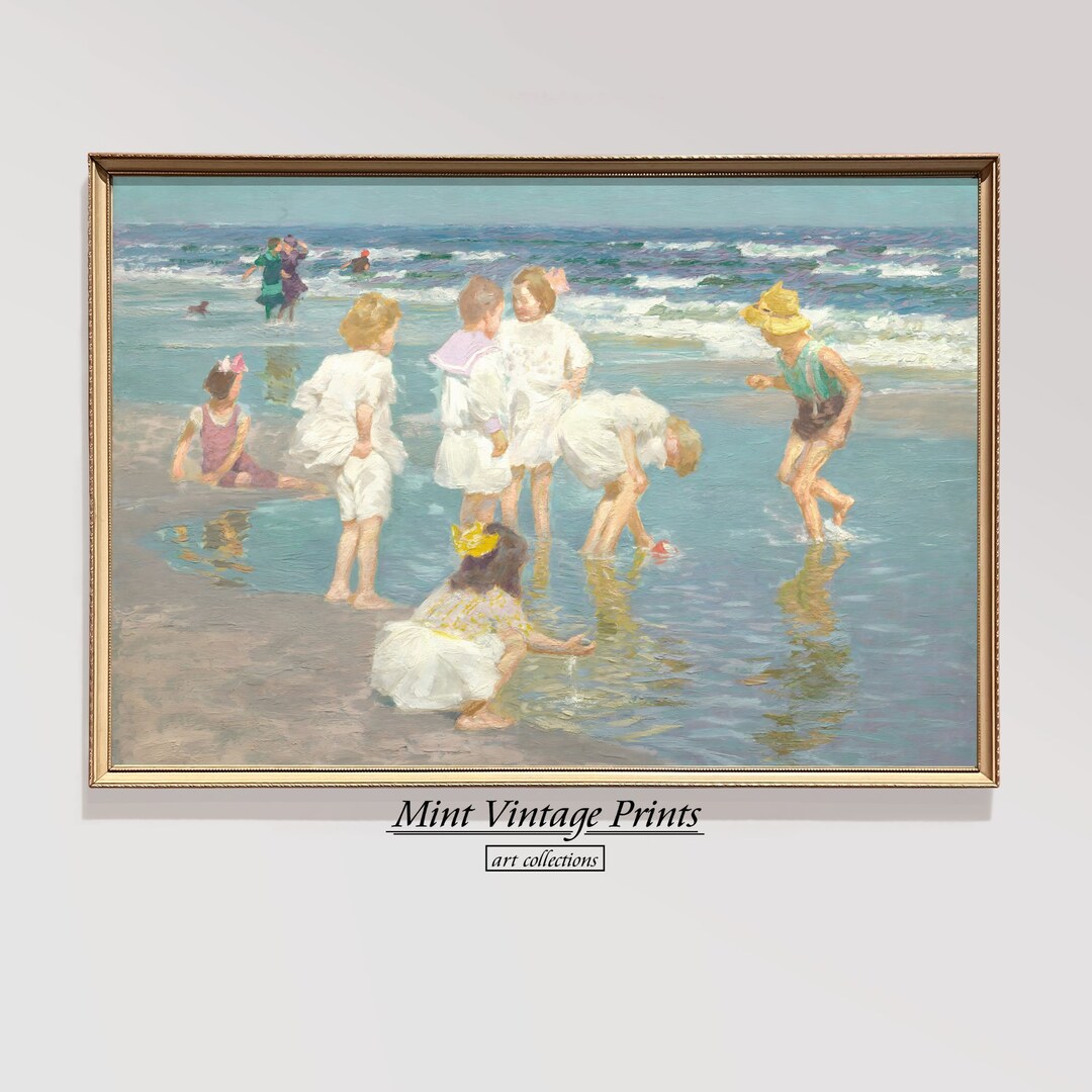 Antique Beach Scene | Children Playing by the Sea | Seascape Vintage ...