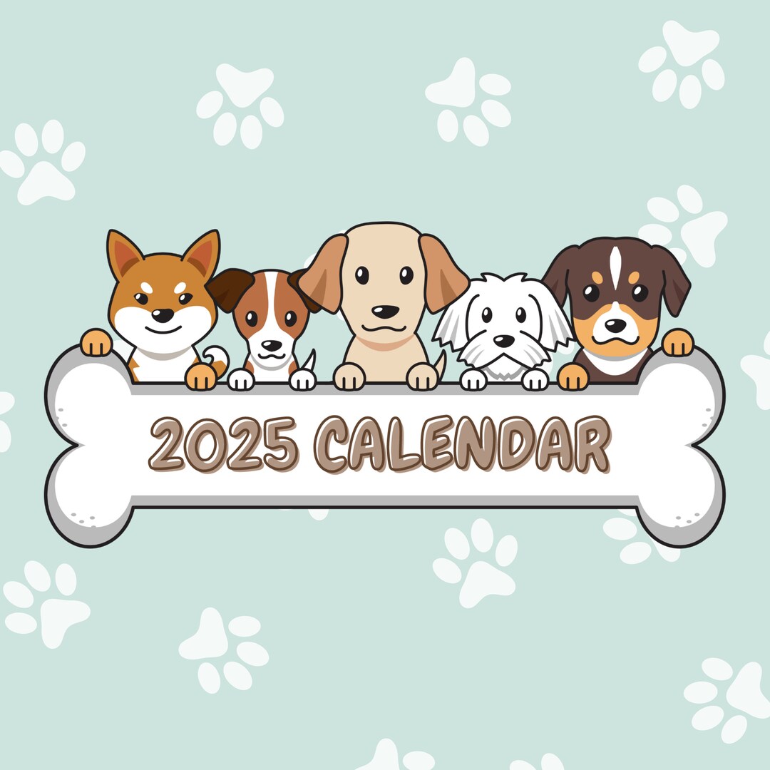 2025 Calendar Cute Dogs Puppies Pawprints Printable PDF Digital Desk ...