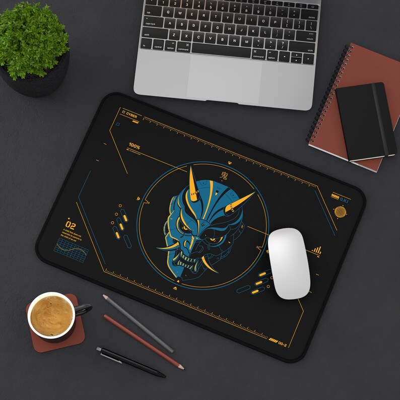 Cyber Oni Desk Mat, Japanese Aesthetic, Oni Demon Mask, Cyberpunk Sci ...