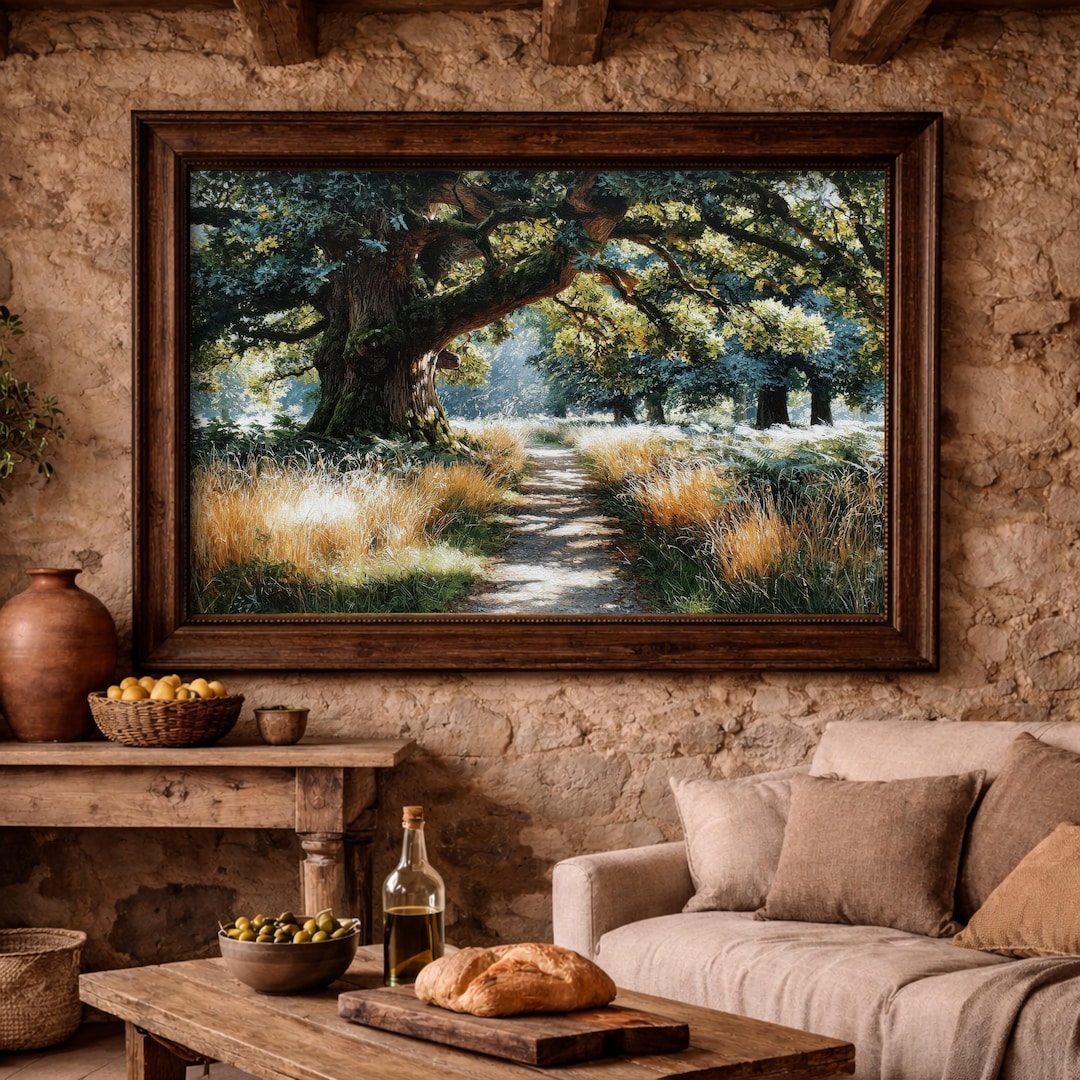 Ancient Oak Tree Wall Art Print, Golden Meadow Country Path, English ...