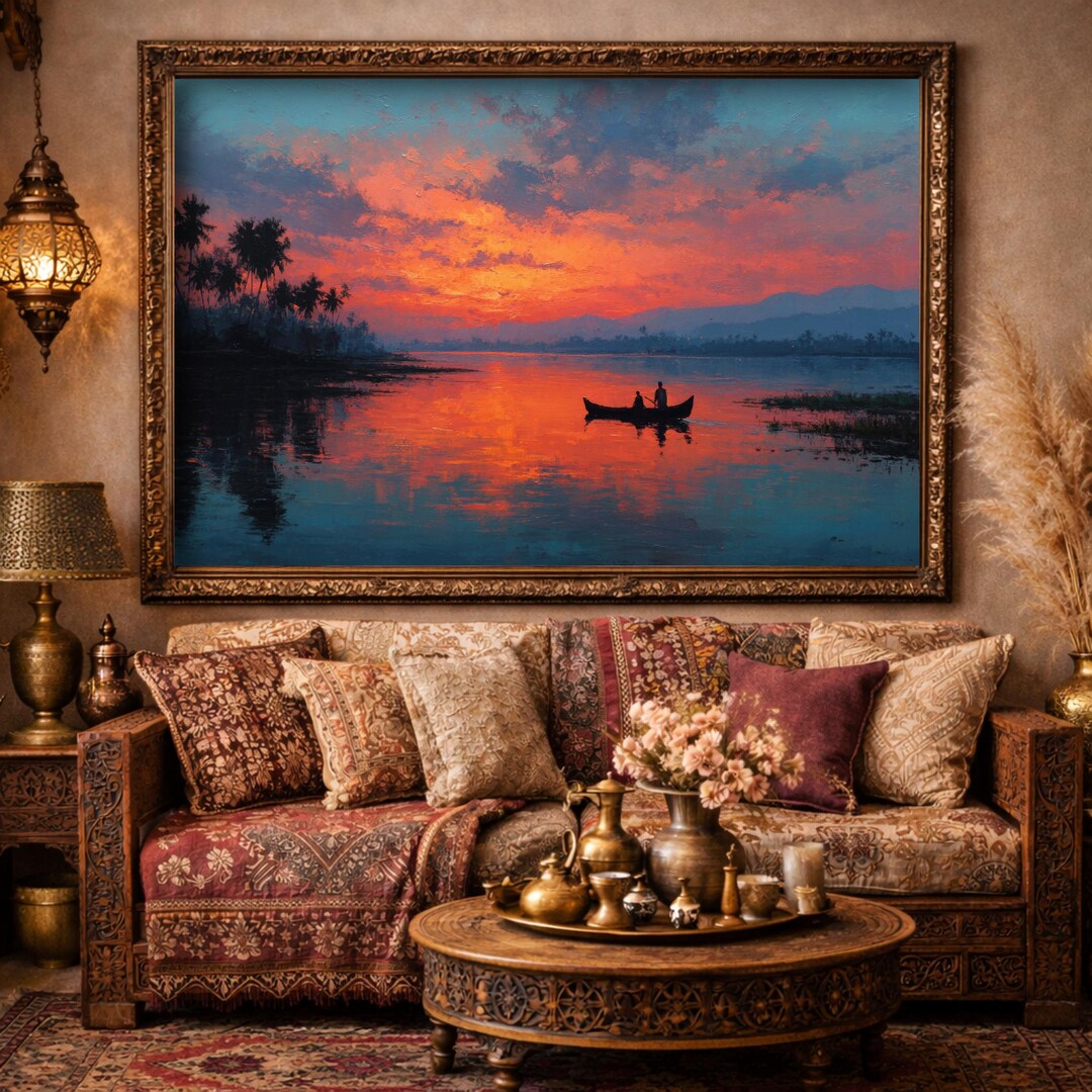 Kerala Backwaters River Boat at Sunset Oil Painting Print - India Wall ...