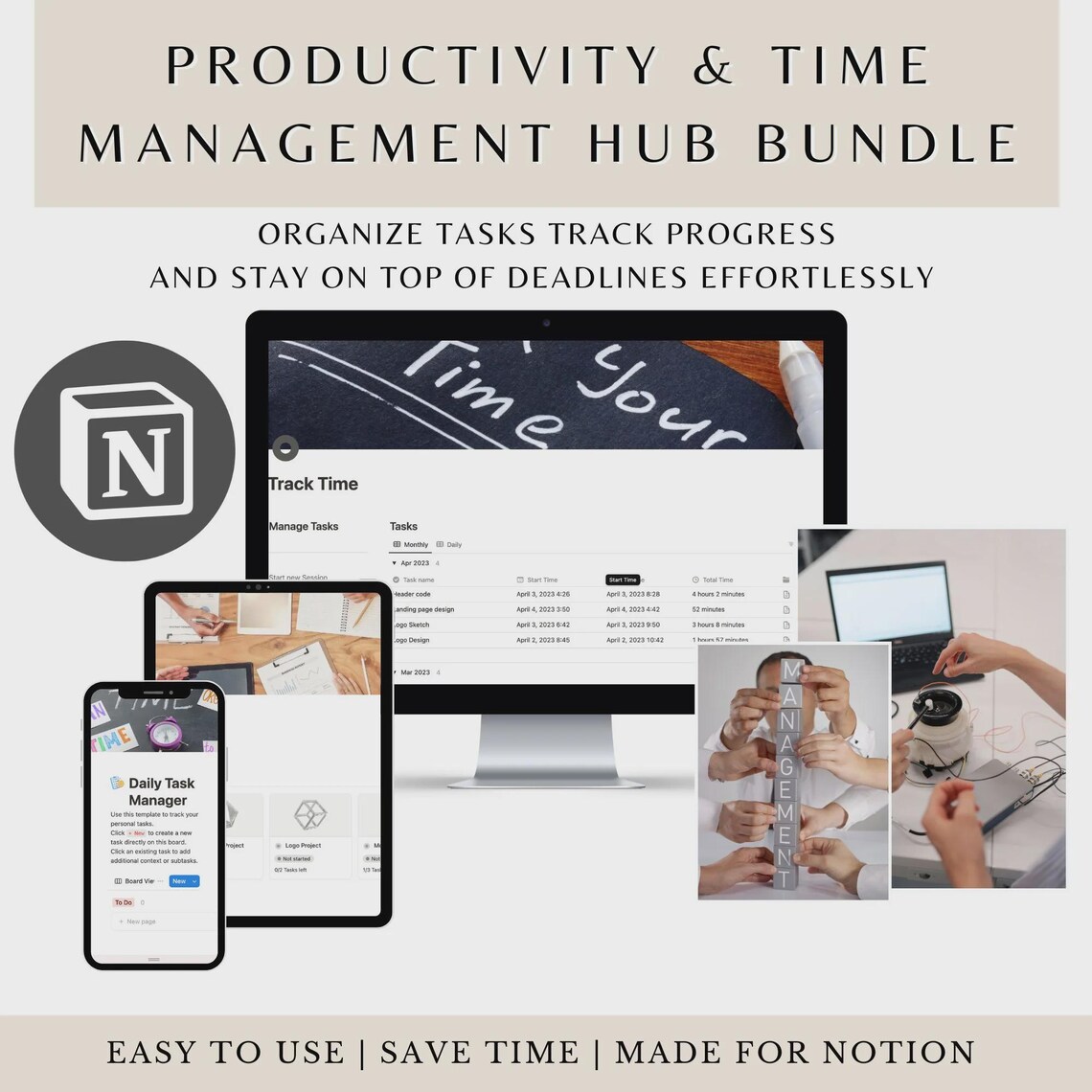 Notion Productivity & Time Management Hub | Task Planner | Time Tracker ...
