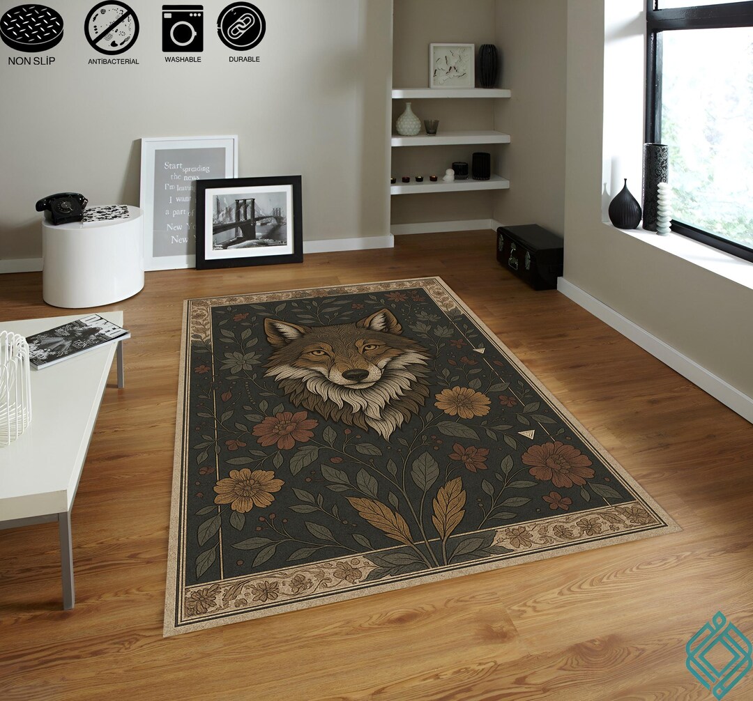 Wolf Area Rug, Wolf Rug for Moody Room Decor, Wolf Night Rug, Midnight ...