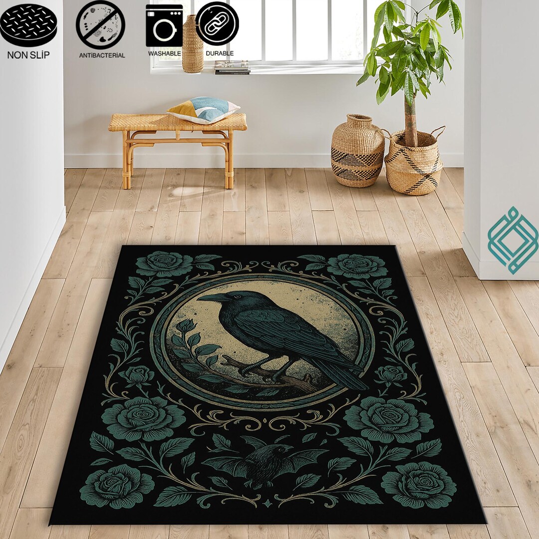 Gothic Raven Rug, Crow Pattern Rug, Gothic Rug, Crow Gothic Room Decor ...