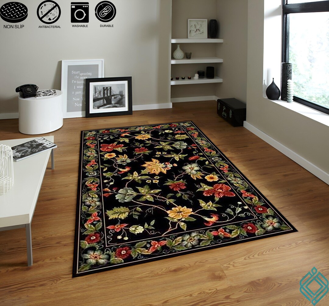 Flower Pattern Rug, Black Flower Rug, Modern Rug, Livingroom Rug, Soft ...