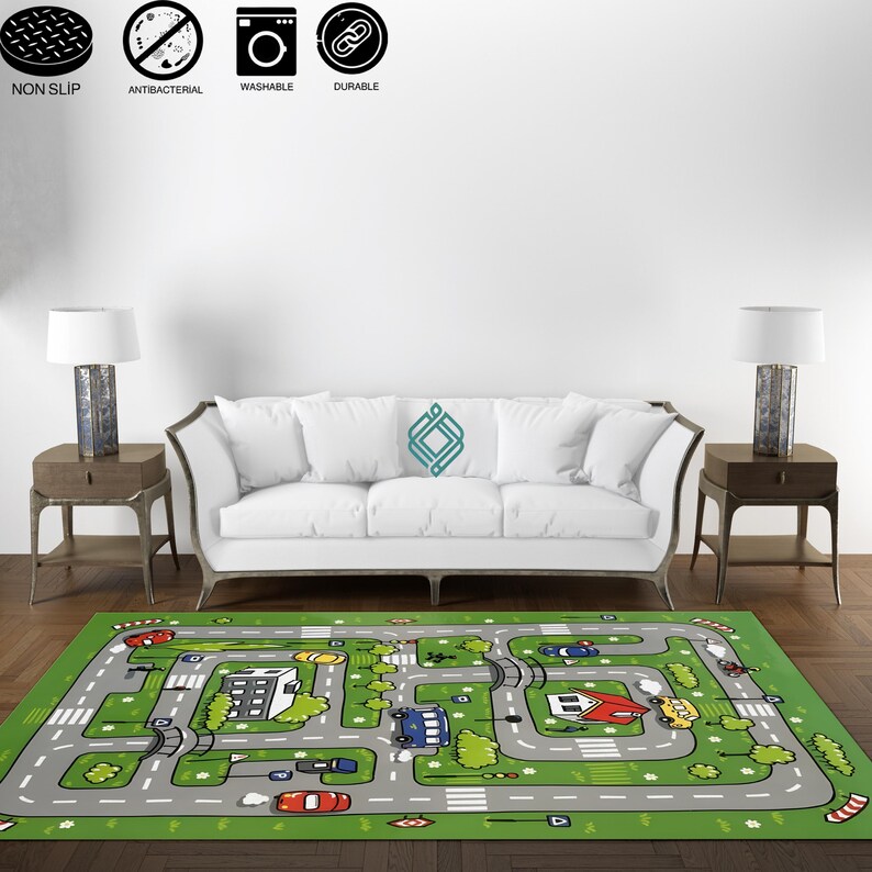 Road Map Rug, Green Kids Rug, Road Pattern Rug, Road Design Rug, Soft ...