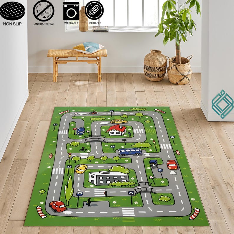 Road Map Rug, Green Kids Rug, Road Pattern Rug, Road Design Rug, Soft ...