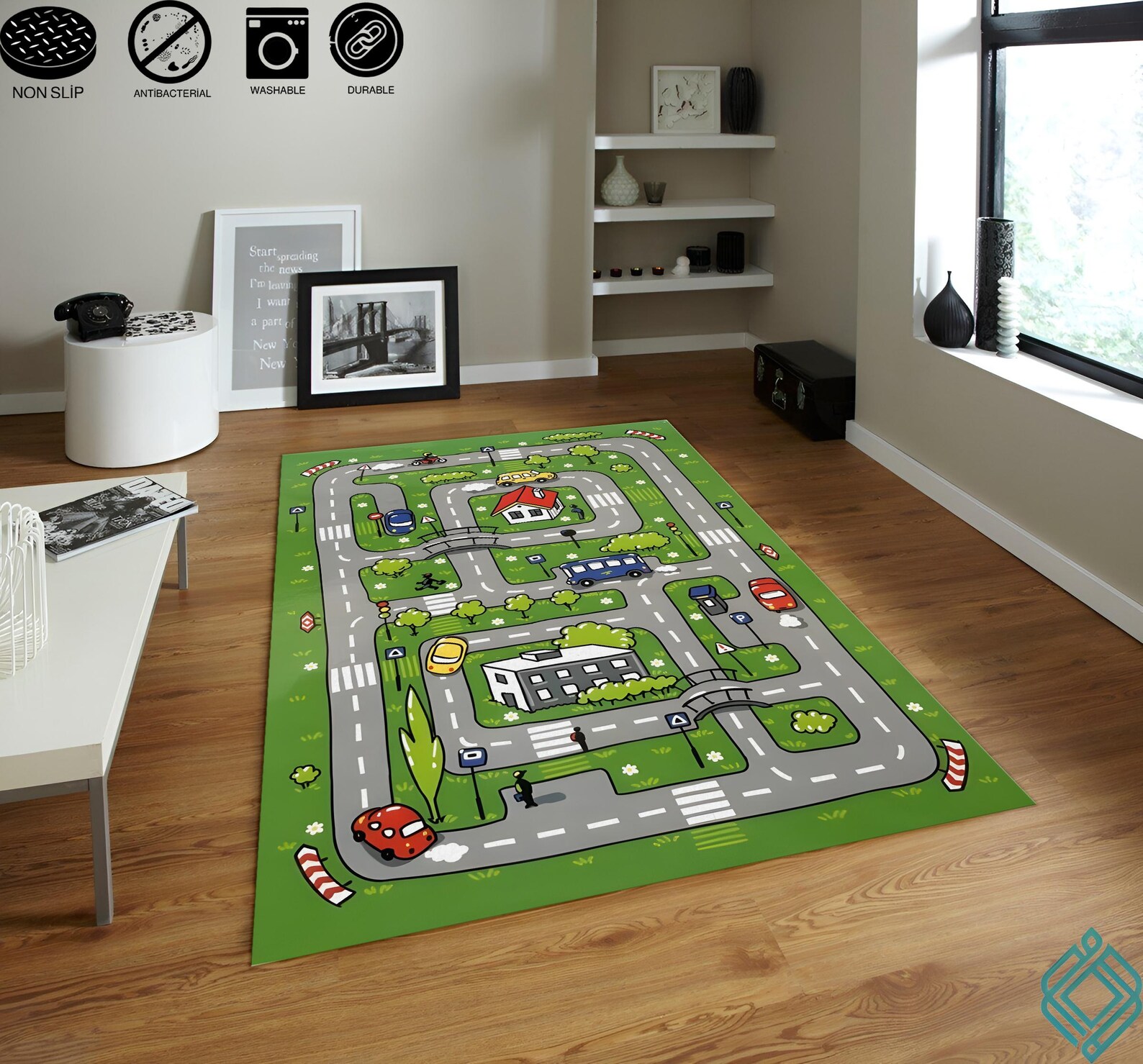 Road Map Rug, Green Kids Rug, Road Pattern Rug, Road Design Rug, Soft ...