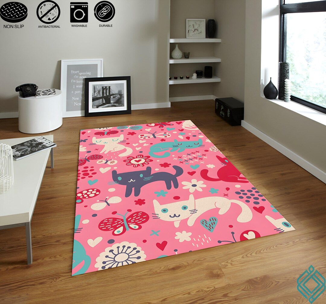 Pink Rug, Cat Pattern Rug, Cat Design Rug, Kids Cat Rug, Pink Cat Rug ...