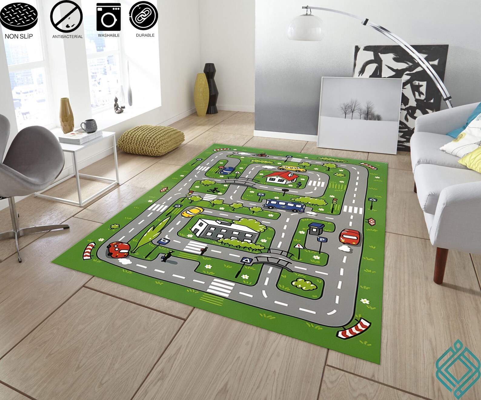 Road Map Rug, Green Kids Rug, Road Pattern Rug, Road Design Rug, Soft ...