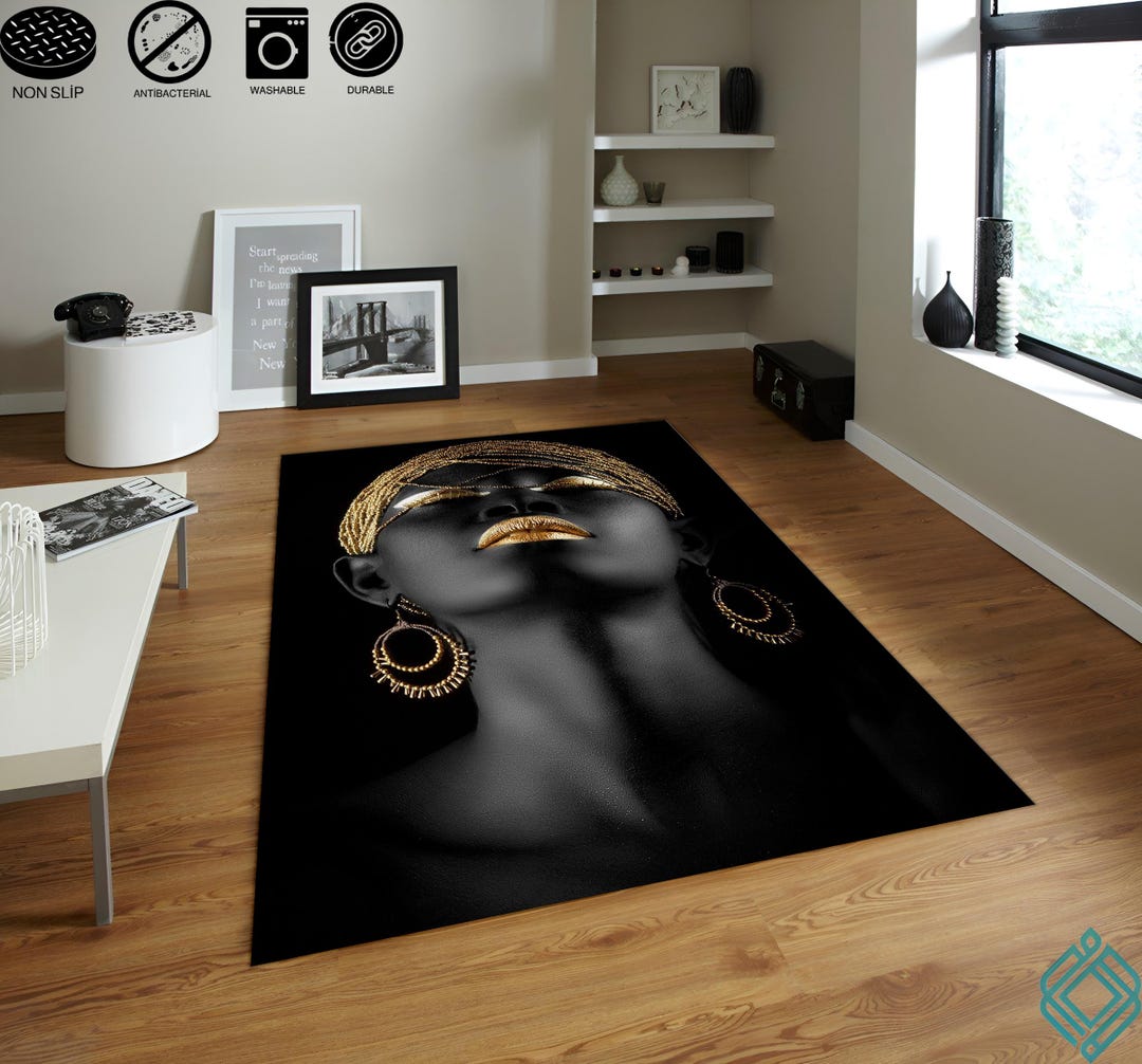 Woman Pattern Rug, Black Woman Rug, Gold and Black Rug, Artistic Black ...