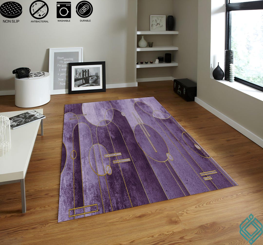 Purple and Gold Rug, Bedside Rug, Style Abstract Rug, Art Deco Rug ...