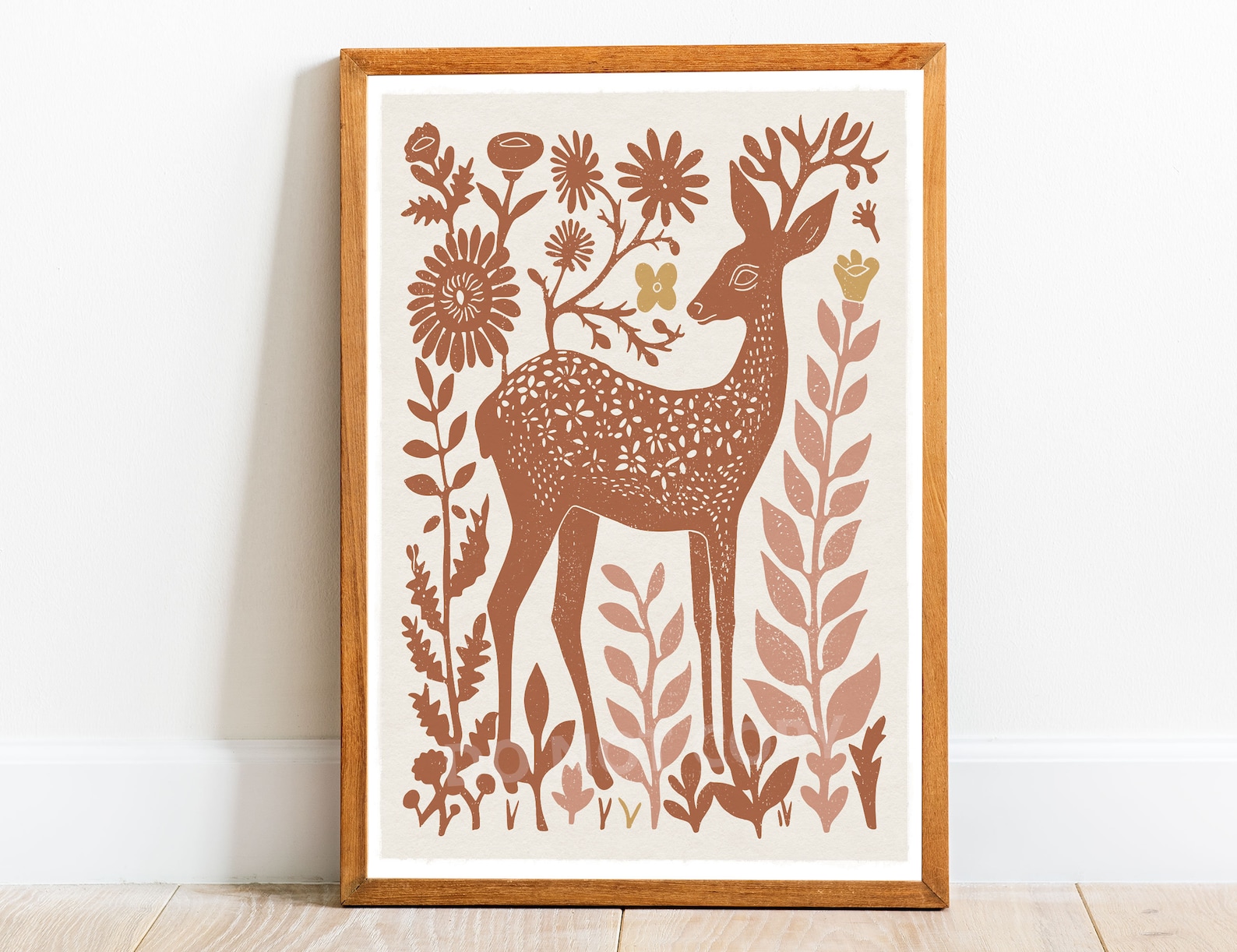 Linocut Style Folk Art Deer Boho 01 Print, Linocut Style, Blockprint ...