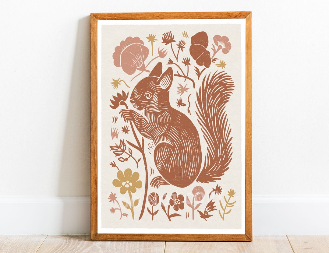 Linocut Style Folk Art Squirrel Boho 01 Print, Linocut Style ...