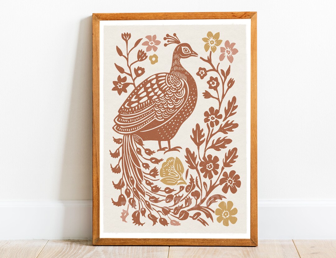 Linocut Style Folk Art Peacock Boho 01 Print, Linocut Style, Blockprint ...
