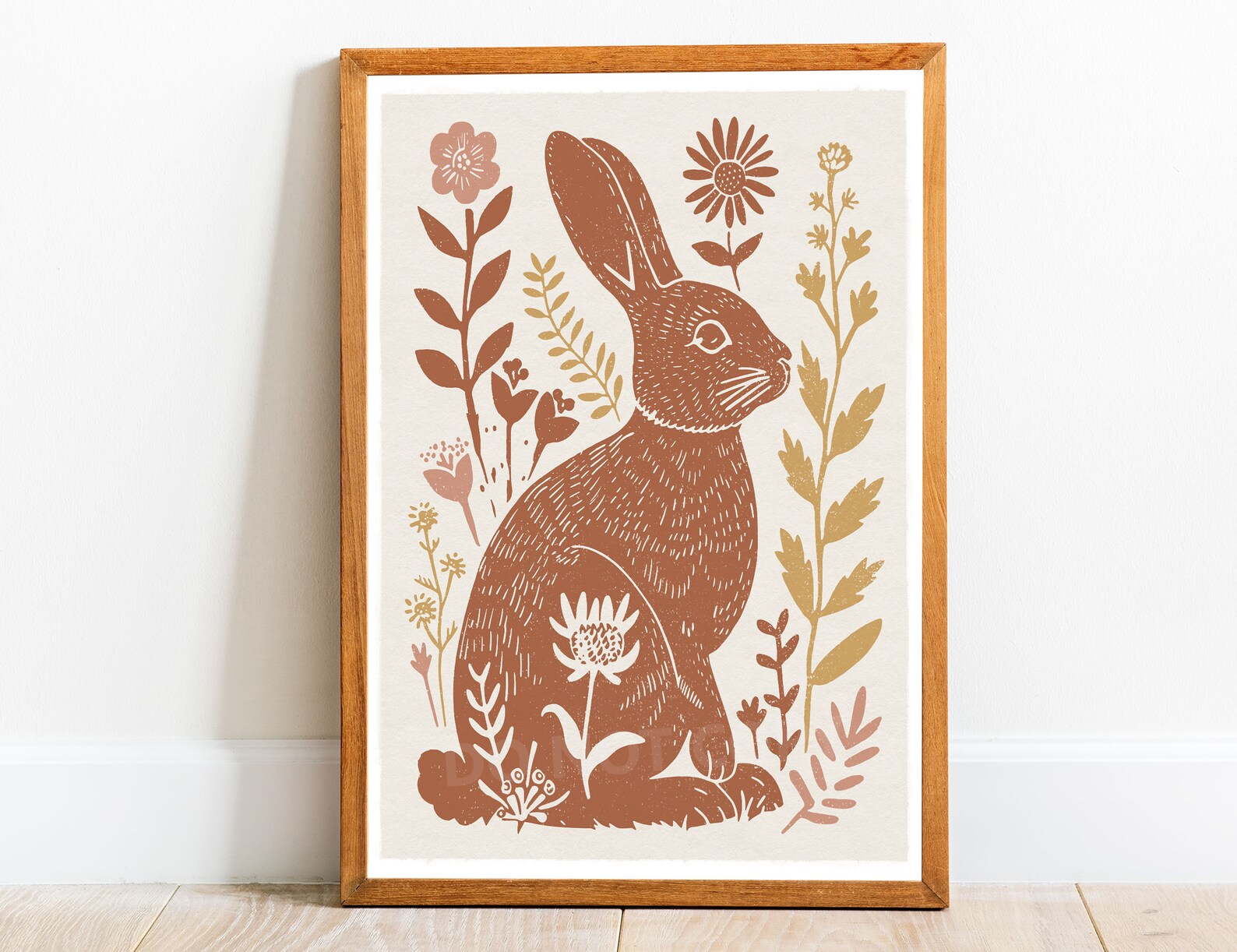 Linocut Style Folk Art Rabbit Boho 01 Print, Linocut Style, Blockprint ...