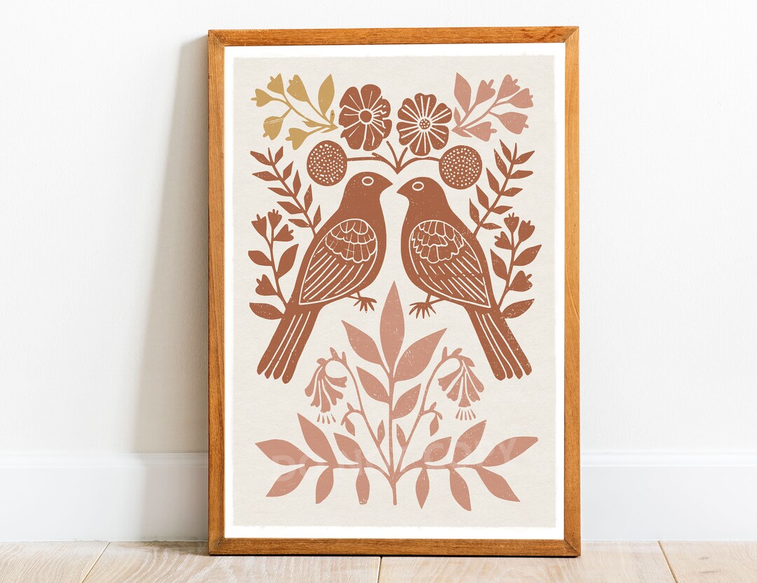 Linocut Style Folk Art Lovebirds Boho 01 Print, Linocut Style ...