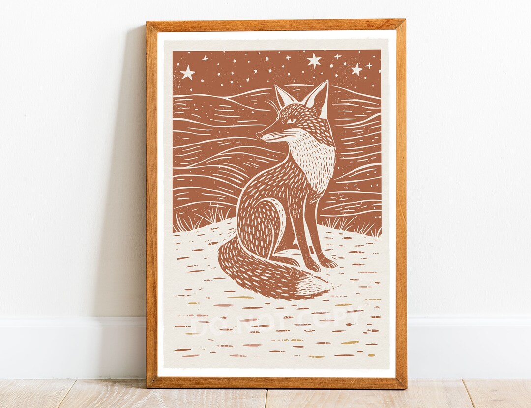 Linocut Style Folk Art Fox Boho 01 Print, Linocut Style, Blockprint ...