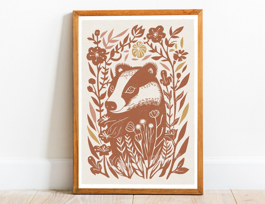 Linocut Style Folk Art Badger Boho 01 Print, Linocut Style, Blockprint ...