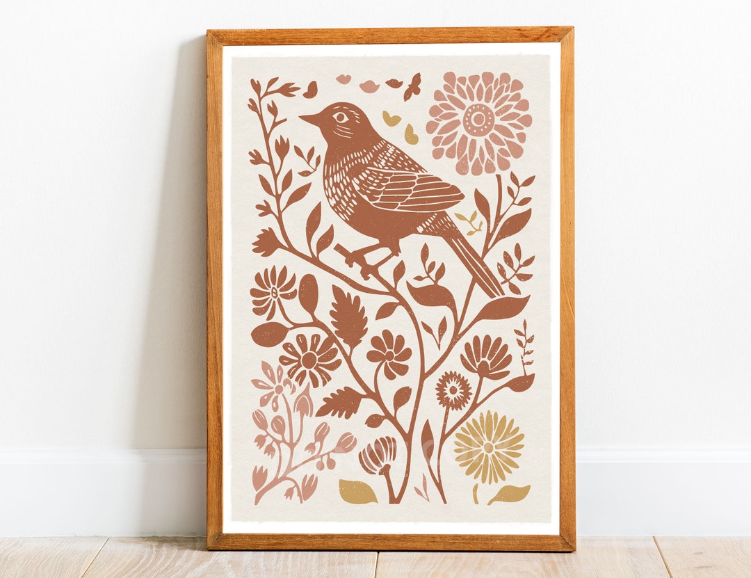 Linocut Style Folk Art Sun Bird Boho 01 Print, Linocut Style ...