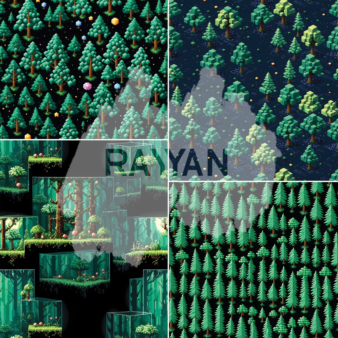 Pixel Art Forest, Pixel Art Nature Seamless Pattern Collection, Pixel ...