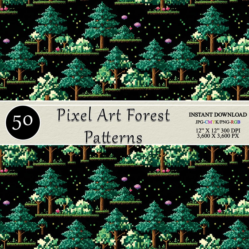 Pixel Art Forest, Pixel Art Nature Seamless Pattern Collection, Pixel ...