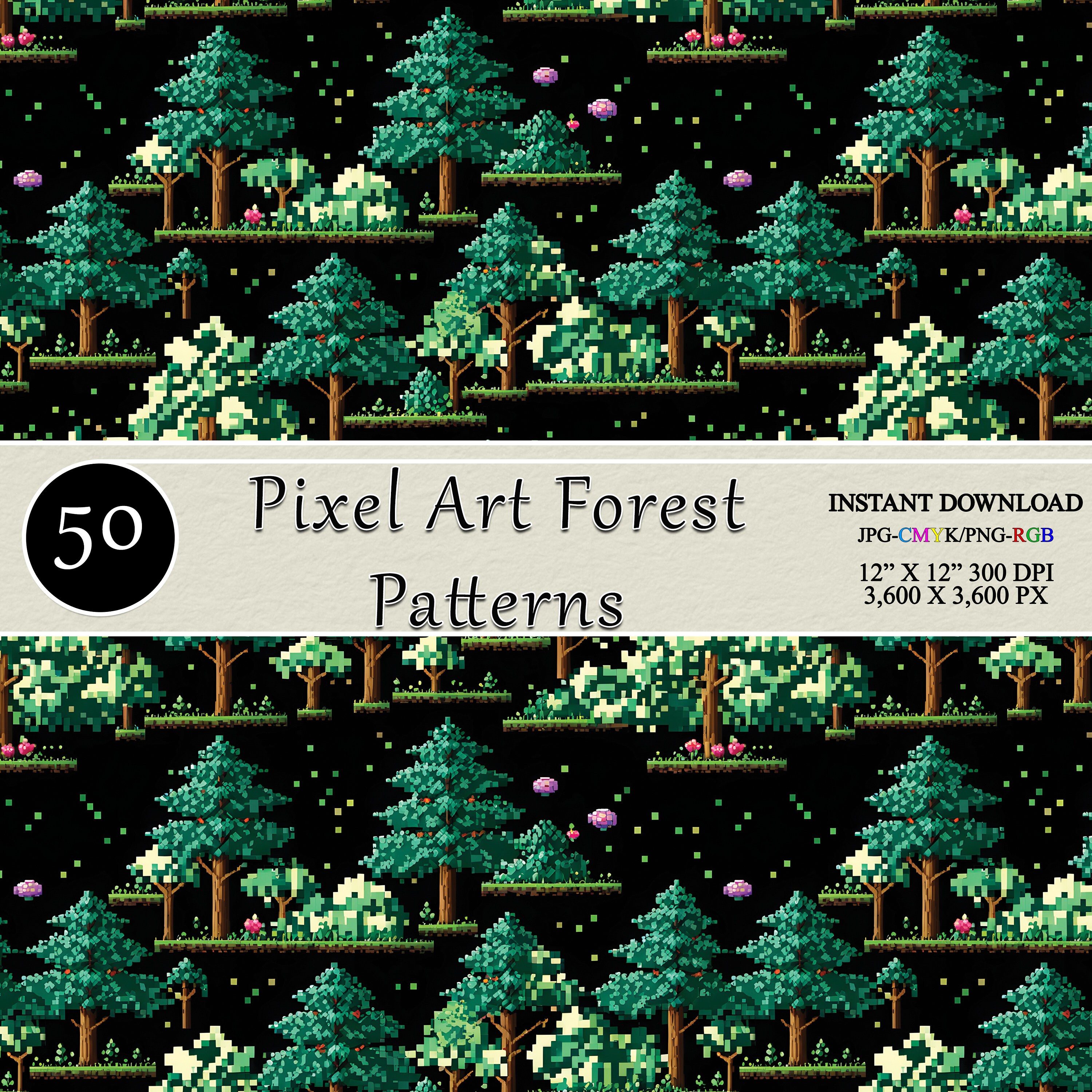 Pixel Art Forest, Pixel Art Nature Seamless Pattern Collection, Pixel ...